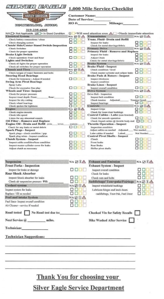 Harley 1000 Mile Service Checklist